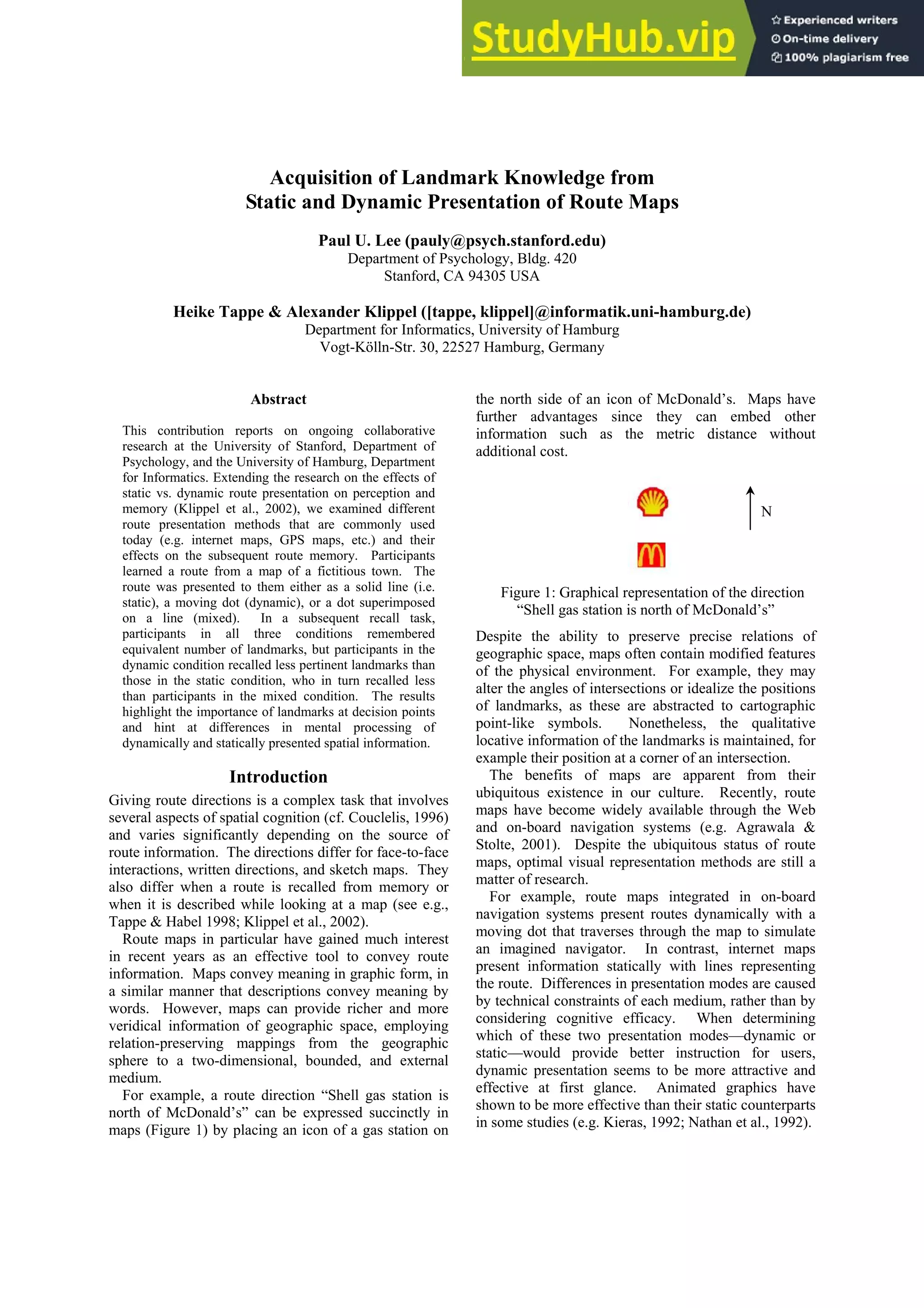 Acquisition Of Landmark Knowledge From Static And Dynamic Presentation ...