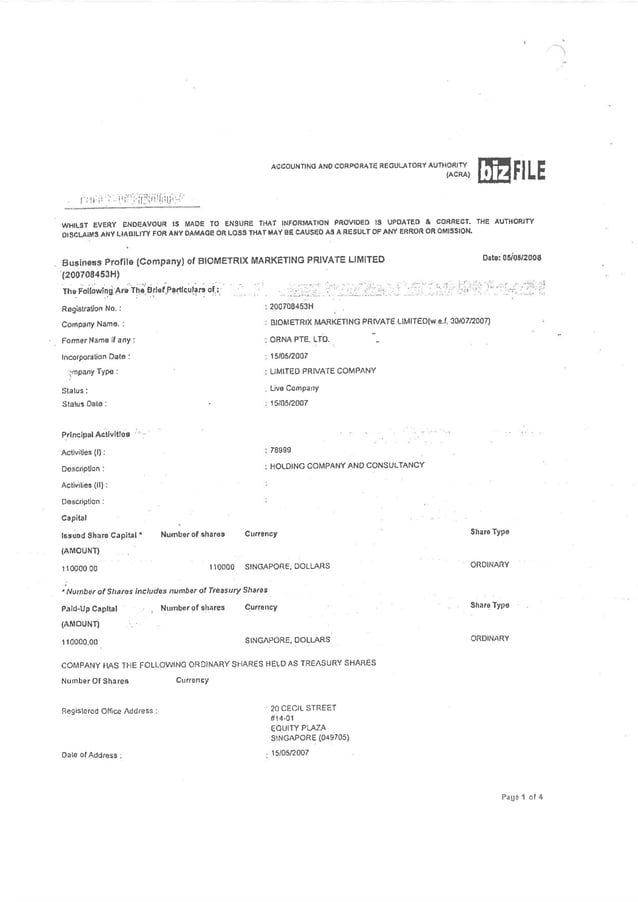 Acra: Biometrix Marketing Business Profile and 3 x Statements ...