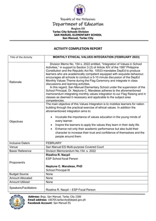 DepEd School Integrates Monthly Values | PDF