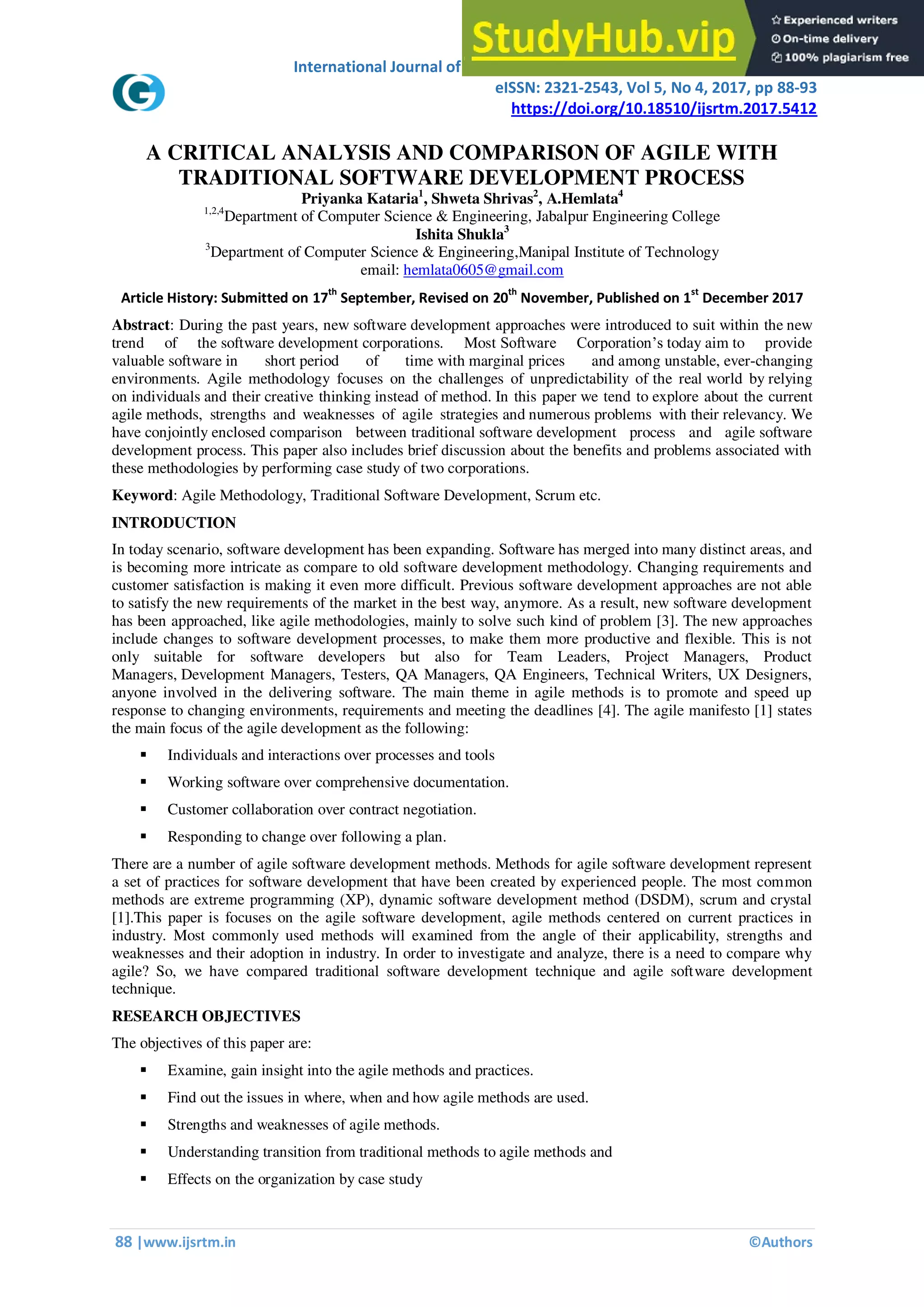 A CRITICAL ANALYSIS AND COMPARISON OF AGILE WITH TRADITIONAL SOFTWARE ...