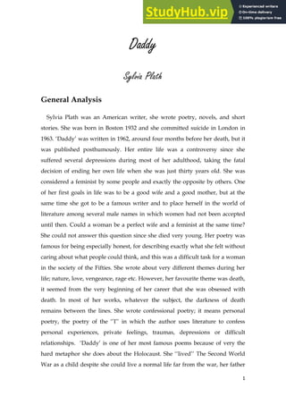 A Critical Analysis Of Quot Daddy Quot By Sylvia Plath | PDF