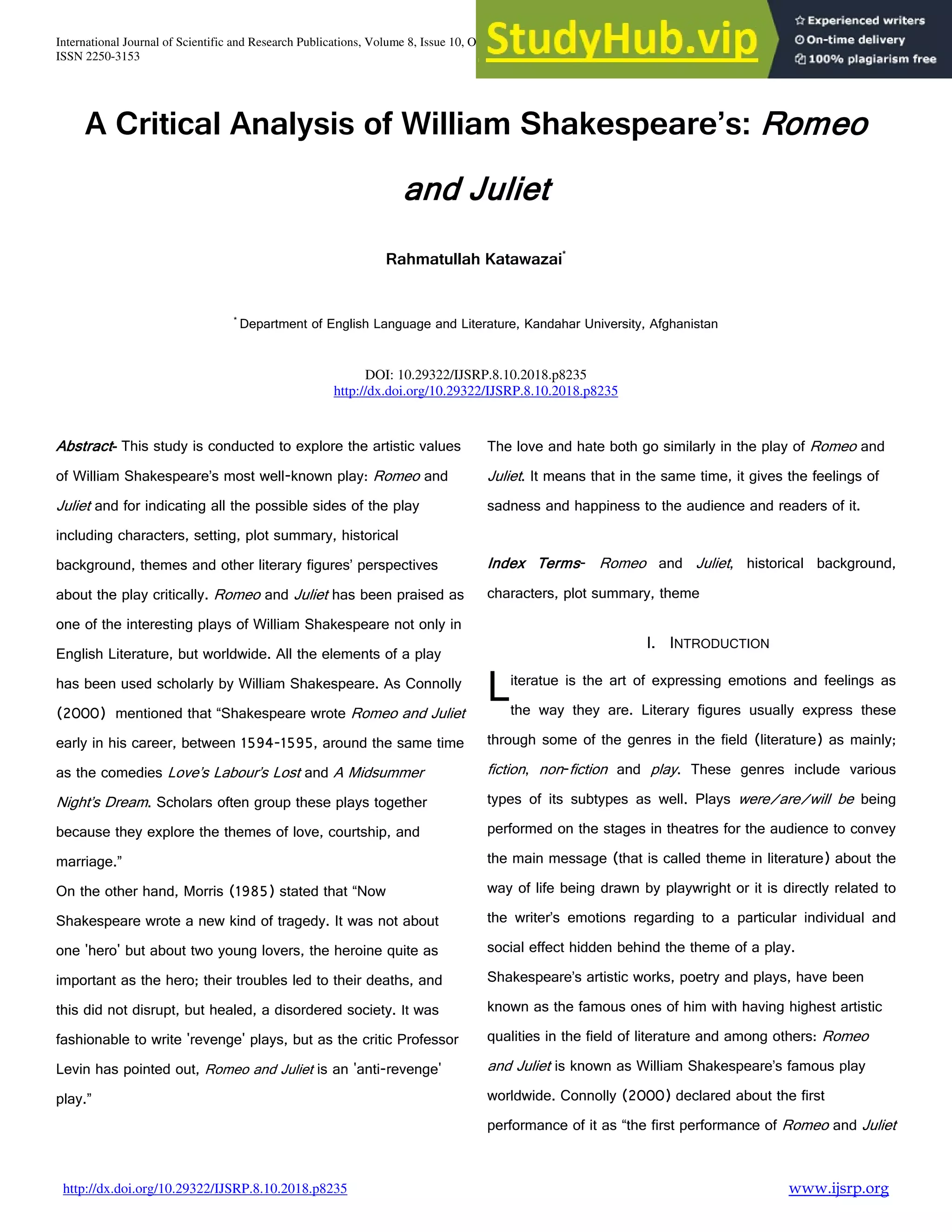 A Critical Analysis Of William Shakespeare S Romeo And Juliet | PDF
