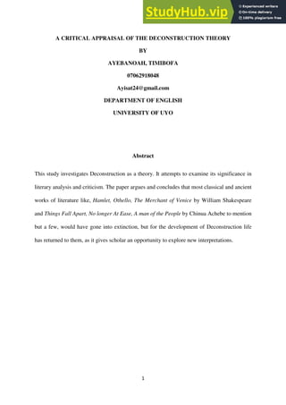 A CRITICAL APPRAISAL OF THE DECONSTRUCTION THEORY | PDF