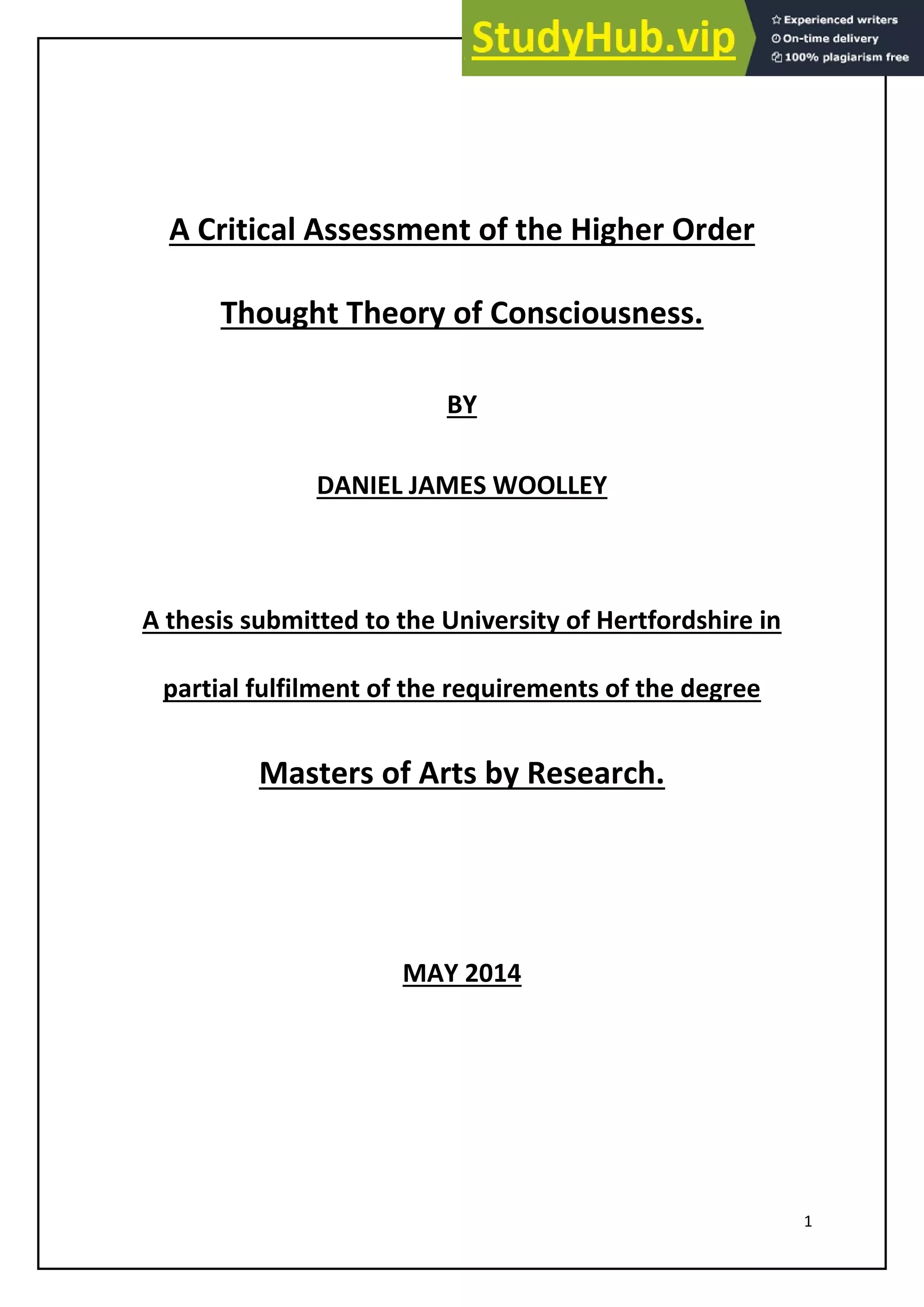 A Critical Assessment Of The Higher Order Thought Theory Of ...