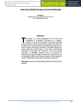 A CRITICAL REVIEW OF QUALITATIVE INTERVIEWS | PDF