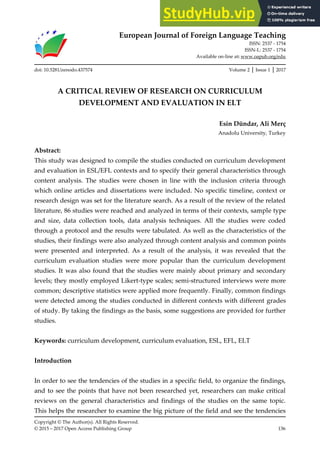 A CRITICAL REVIEW OF RESEARCH ON CURRICULUM DEVELOPMENT AND EVALUATION ...