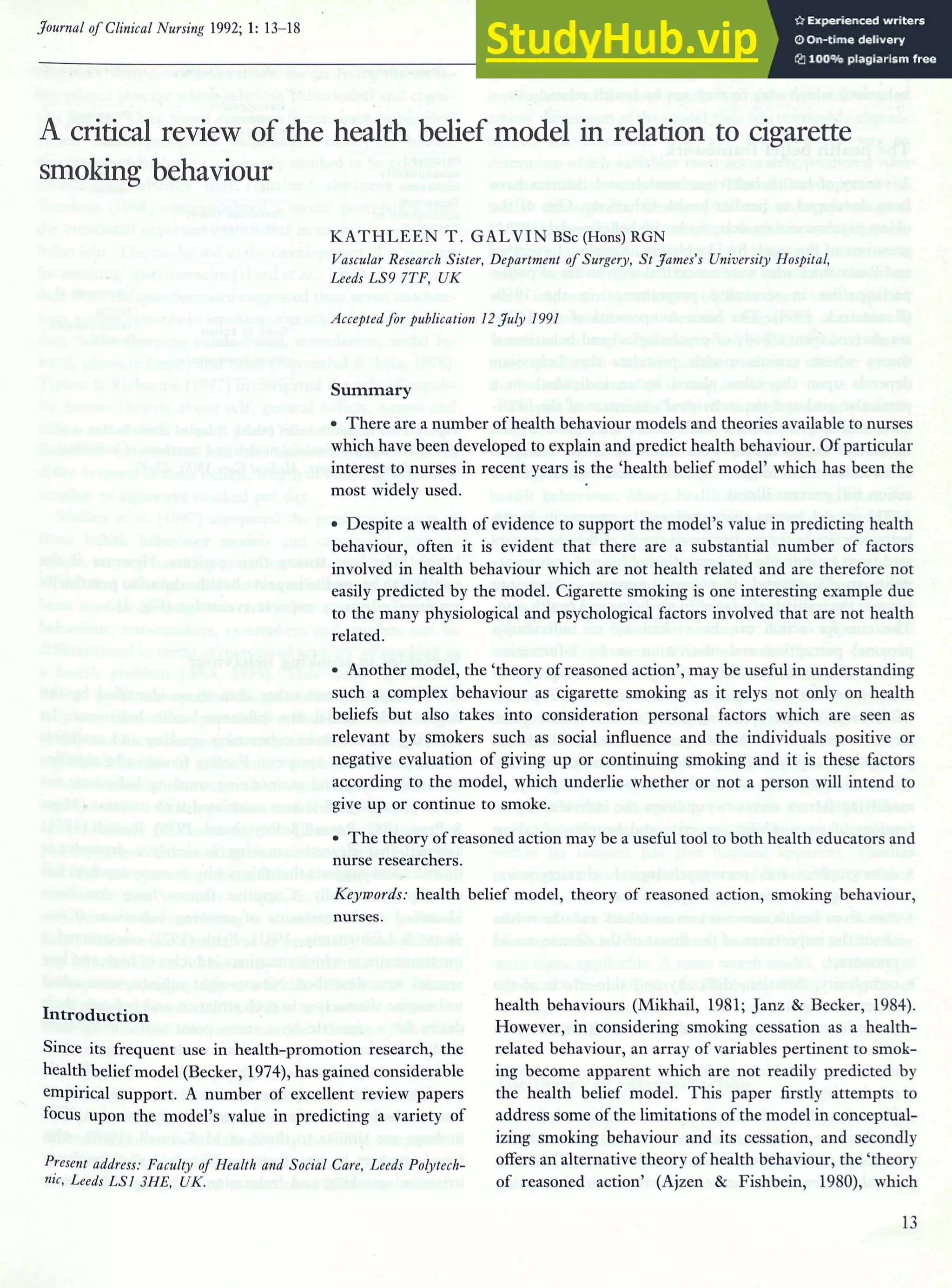 A Critical Review Of The Health Belief Model In Relation To Cigarette ...