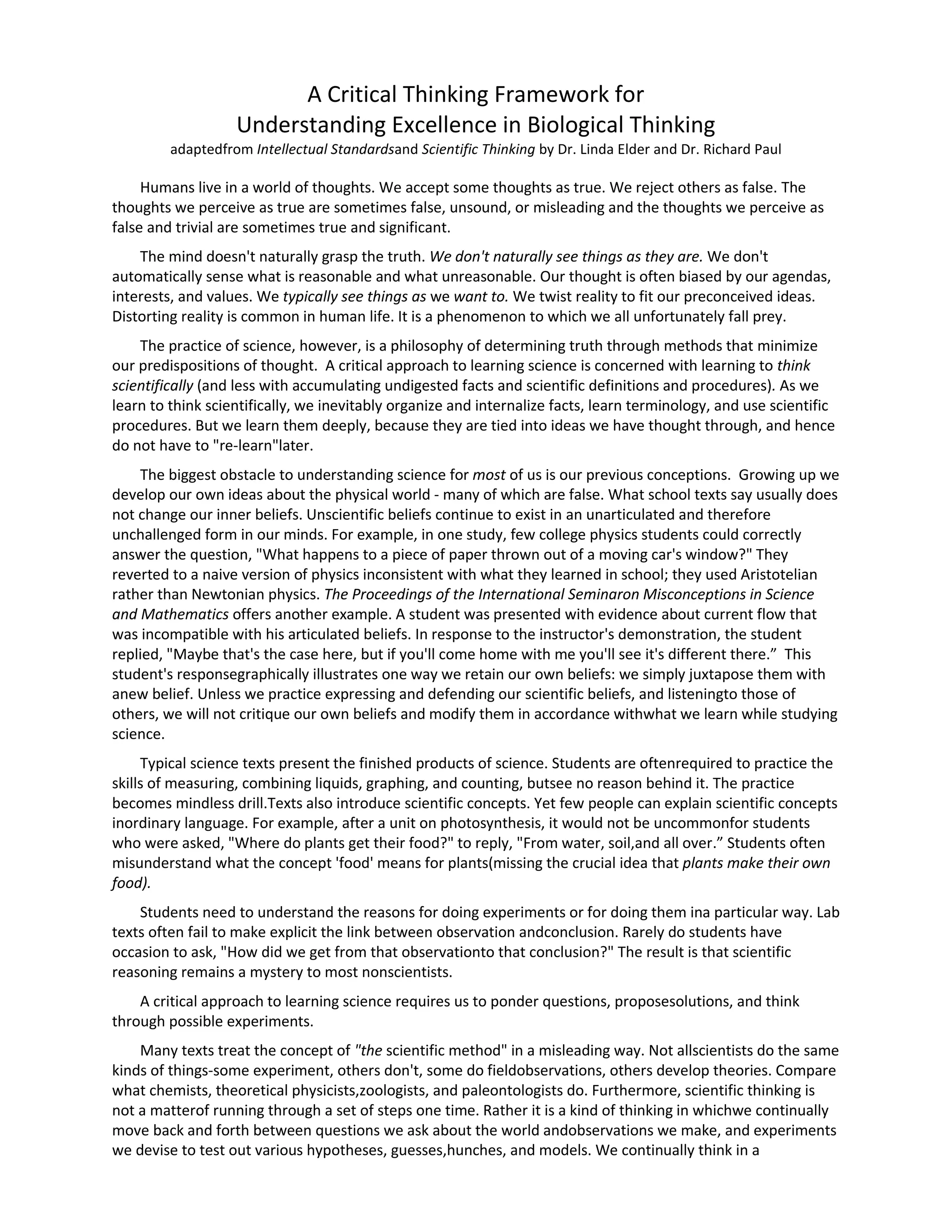 A critical thinking framework for understanding excellence in ...