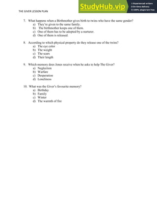 A Critical Thinking Lesson Plan For Quot The Giver Quot By Louis Lowry ...