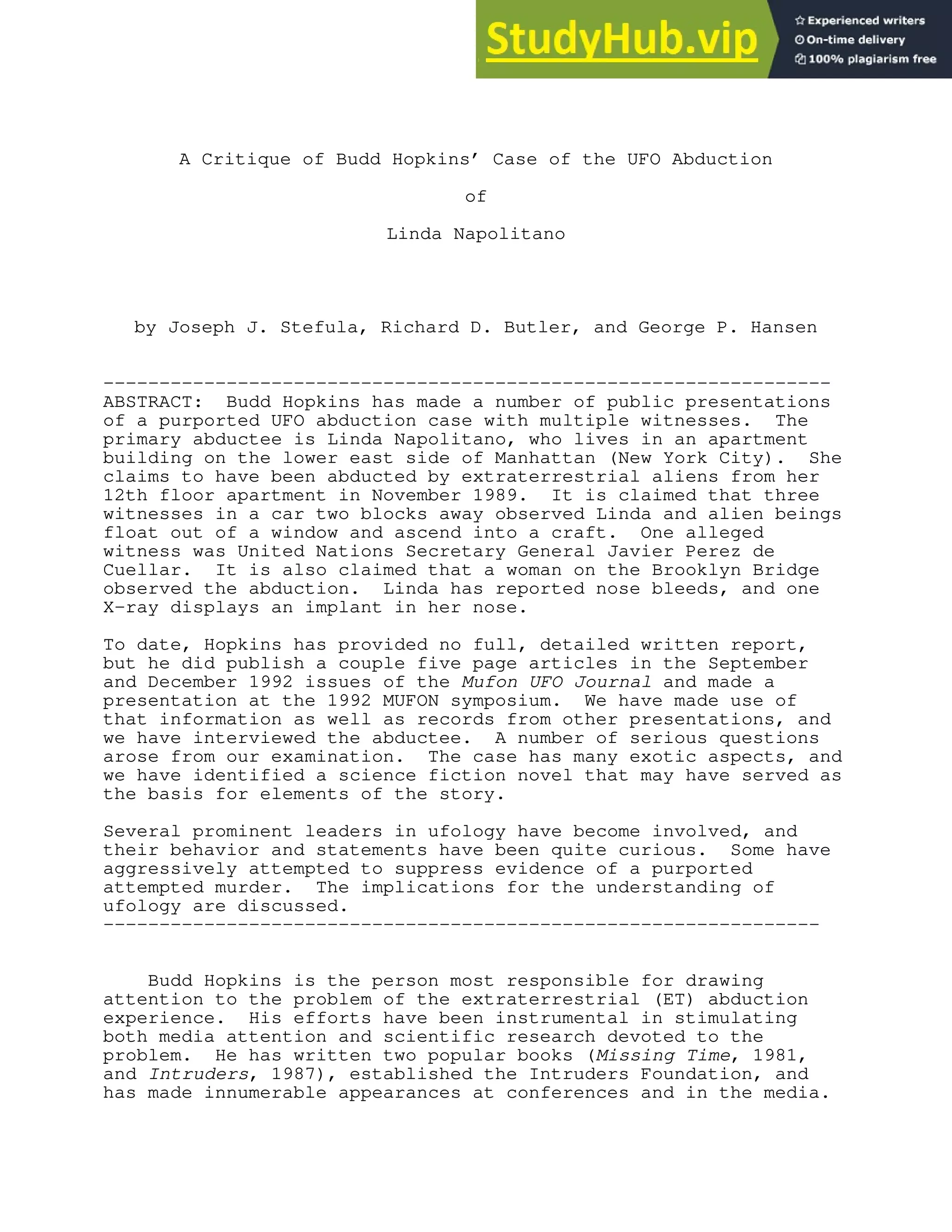 A Critique Of Budd Hopkins Case Of The UFO Abduction Of | PDF