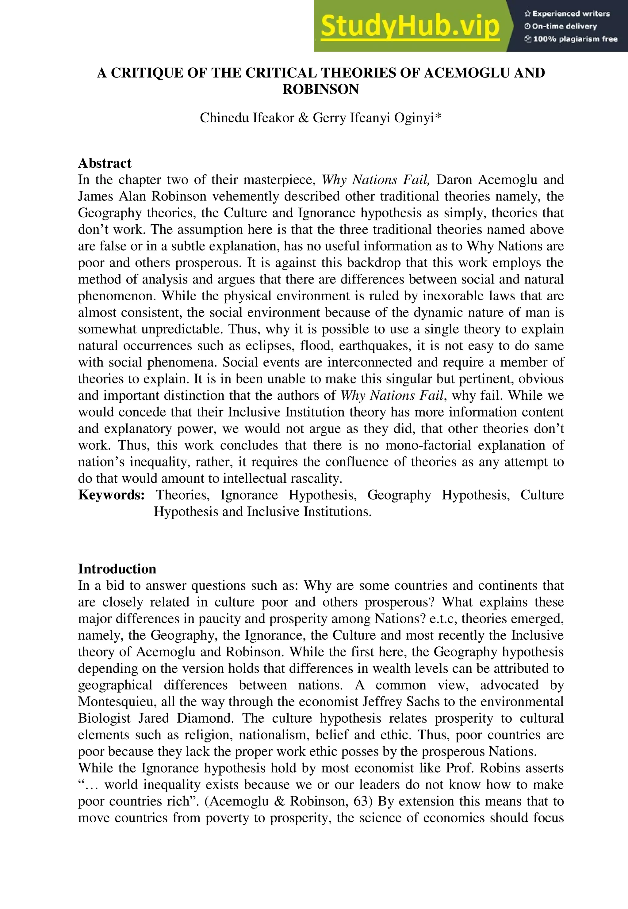 A Critique Of The Critical Theories Of Acemoglu And Robinson | PDF