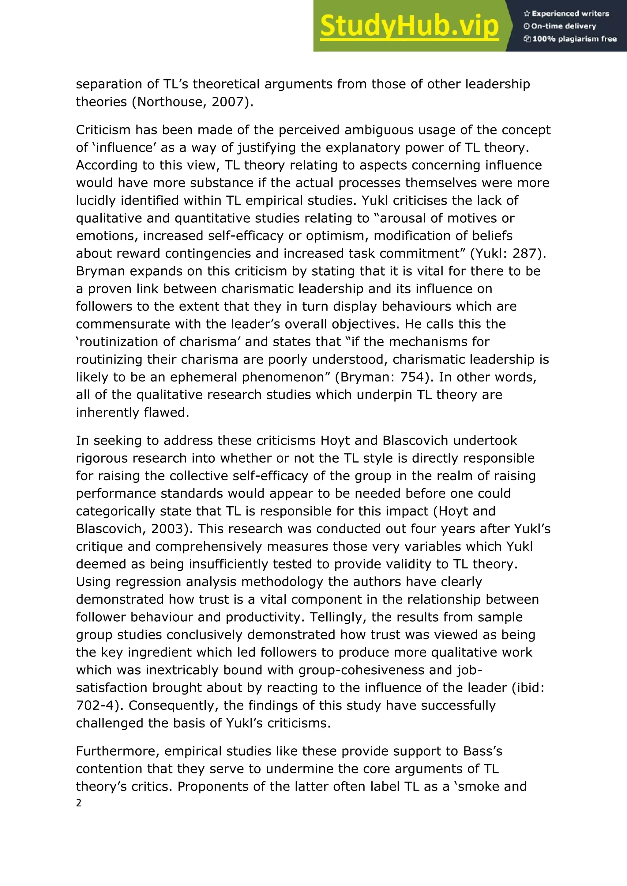 A Critique Of Transformational Leadership Theory | PDF