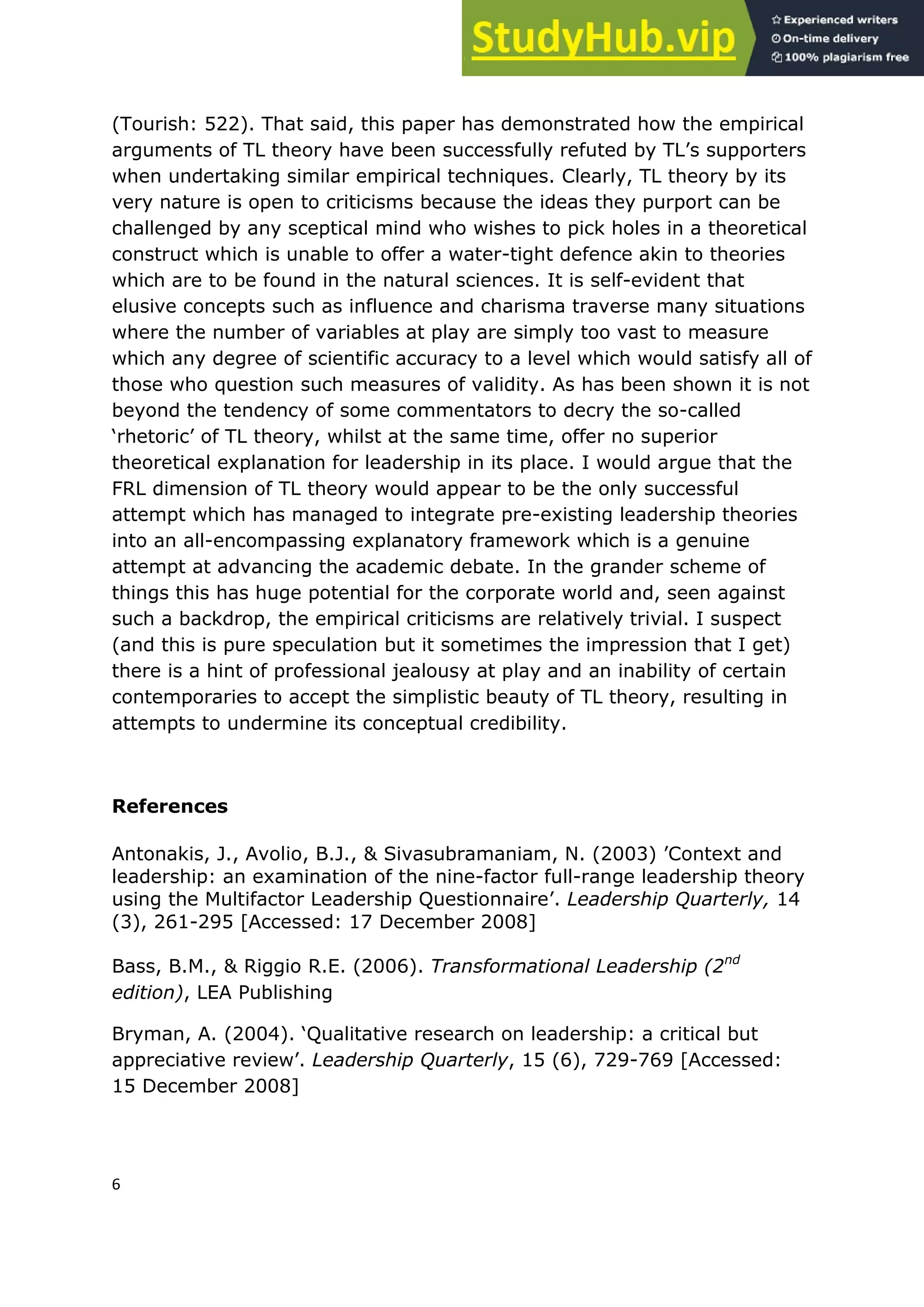 A Critique Of Transformational Leadership Theory | PDF