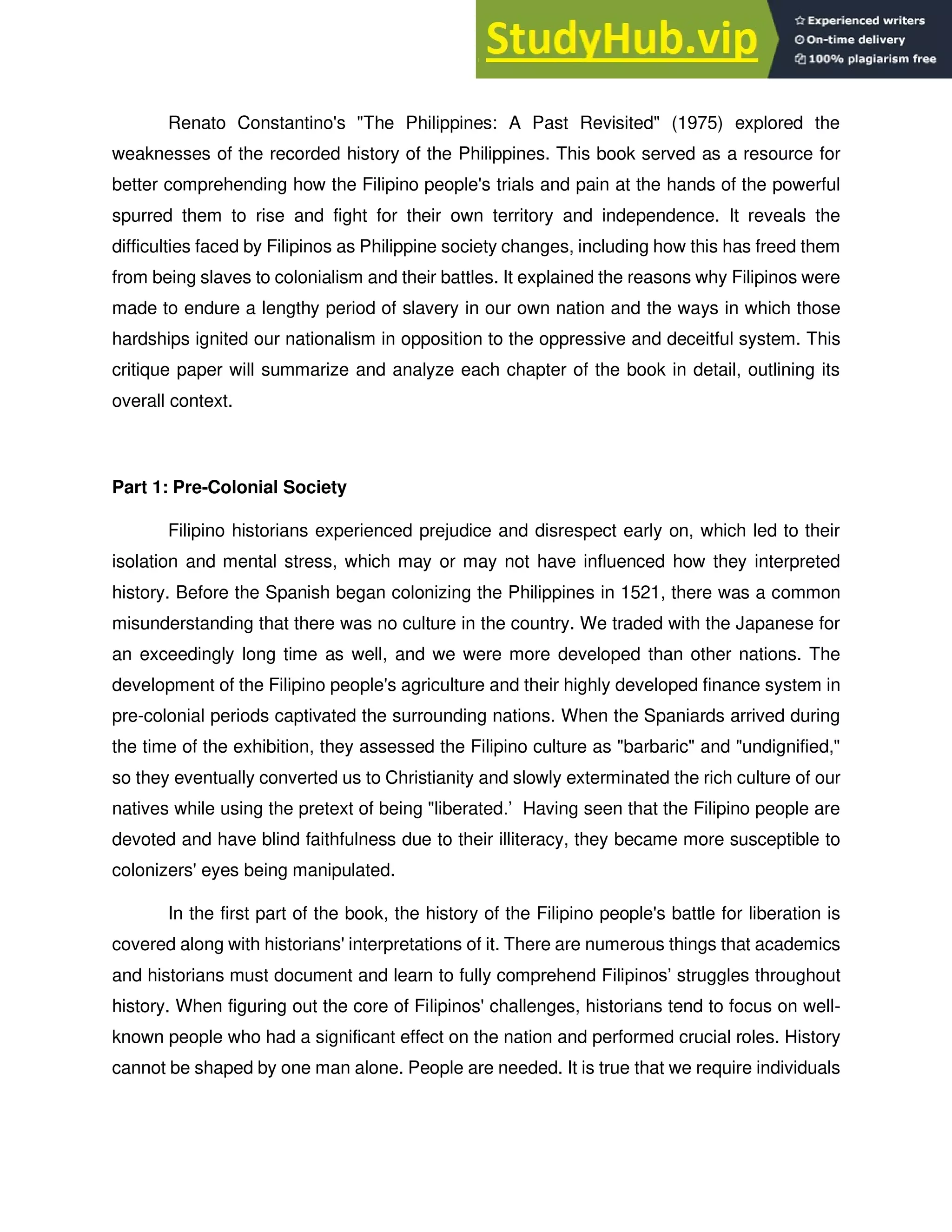 A Critique Paper - The Philippines A Past Revisited By Renato ...