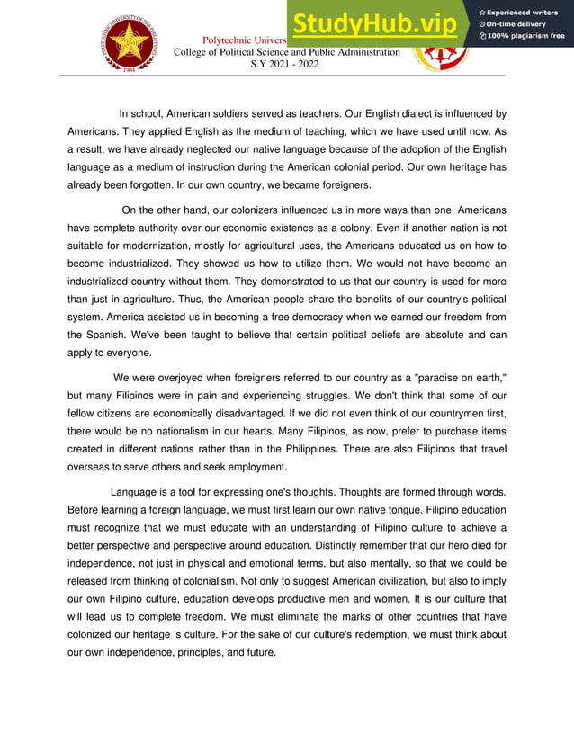 A Critique Paper The Miseducation Of The Filipino | PDF | Education