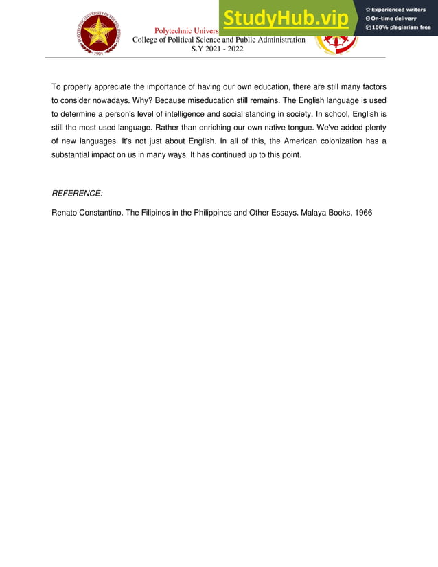 A Critique Paper The Miseducation Of The Filipino | PDF | Education
