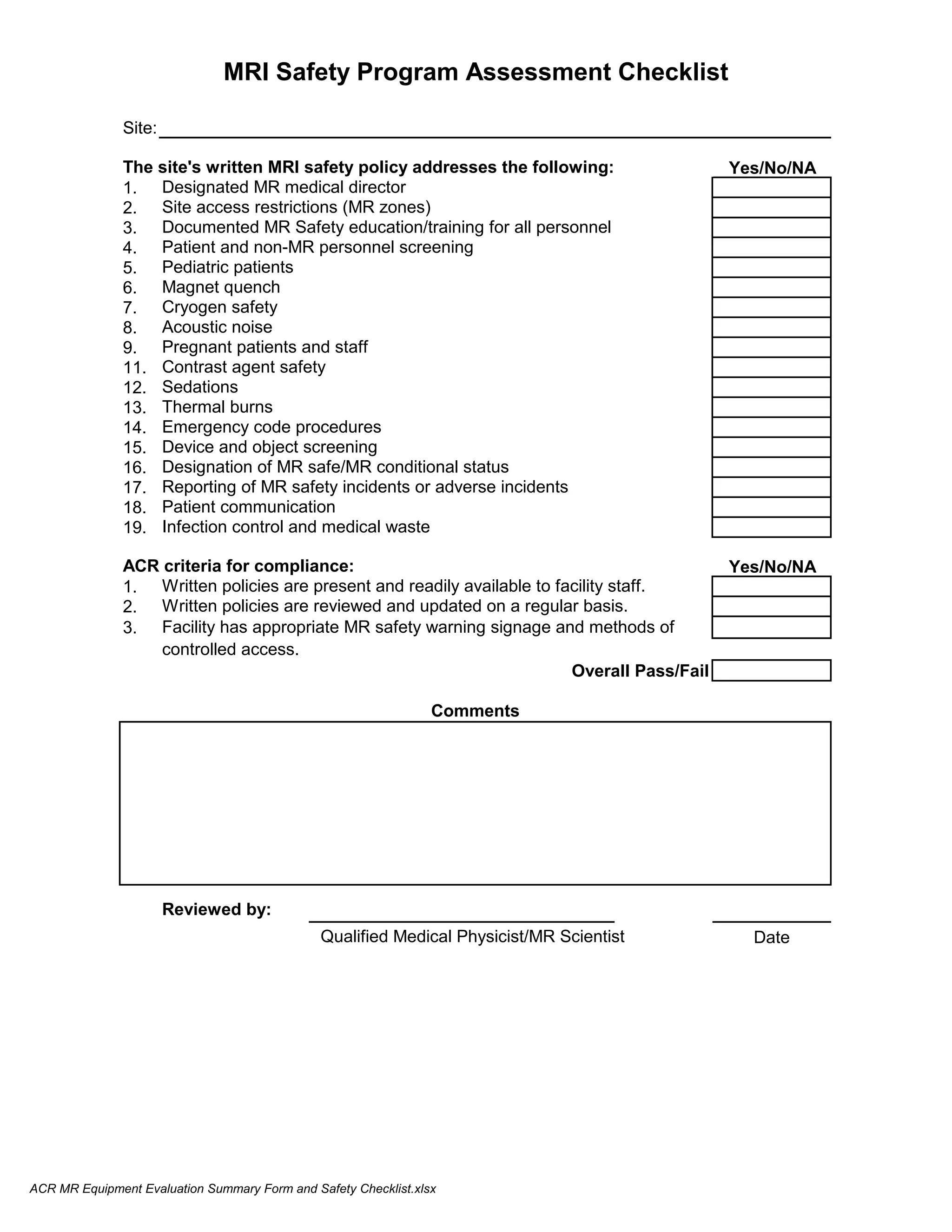 Acr mr equipment evaluation summary form and safety checklist with ...