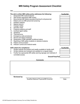 Acr mr equipment evaluation summary form and safety checklist with ...