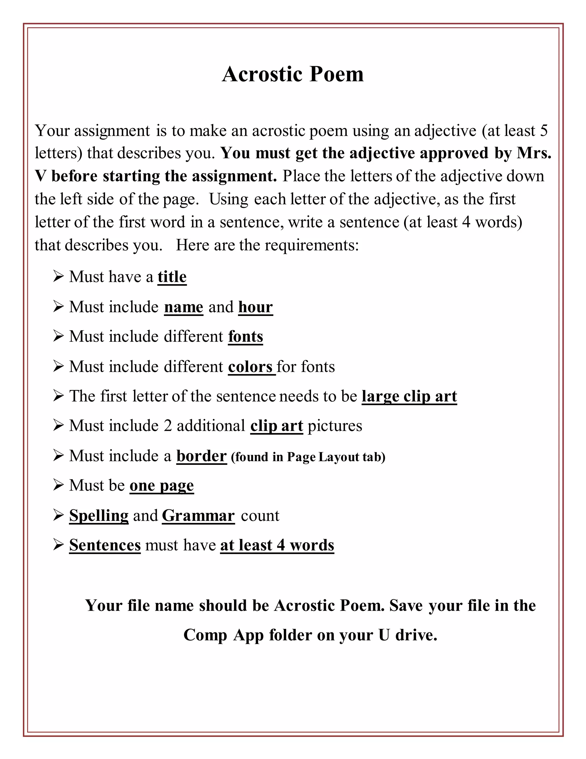 Acrostic poem word assignment | DOCX