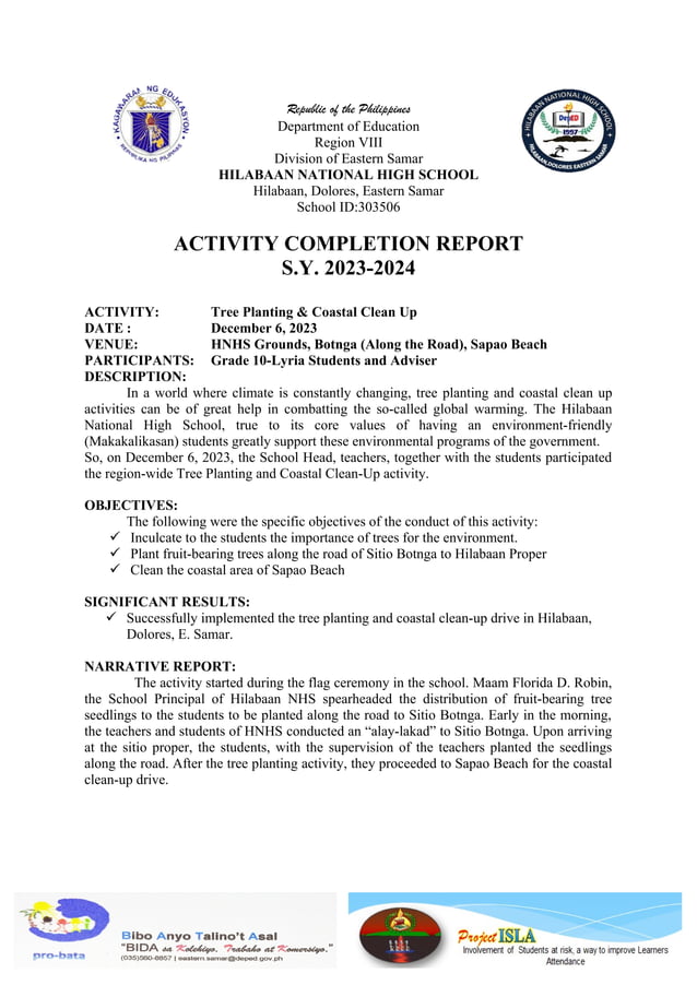 Activity Completion Report Tree Planting 10-Lyria.docx | Environment ...