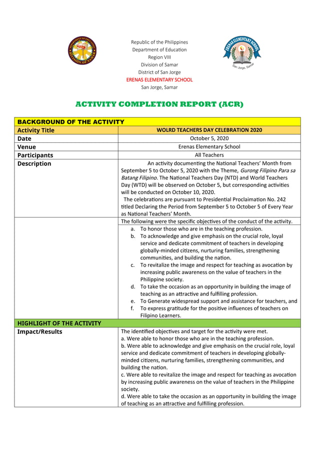 Actiity completion report (ACR) on World Teachers Day Celebration Program | DOCX
