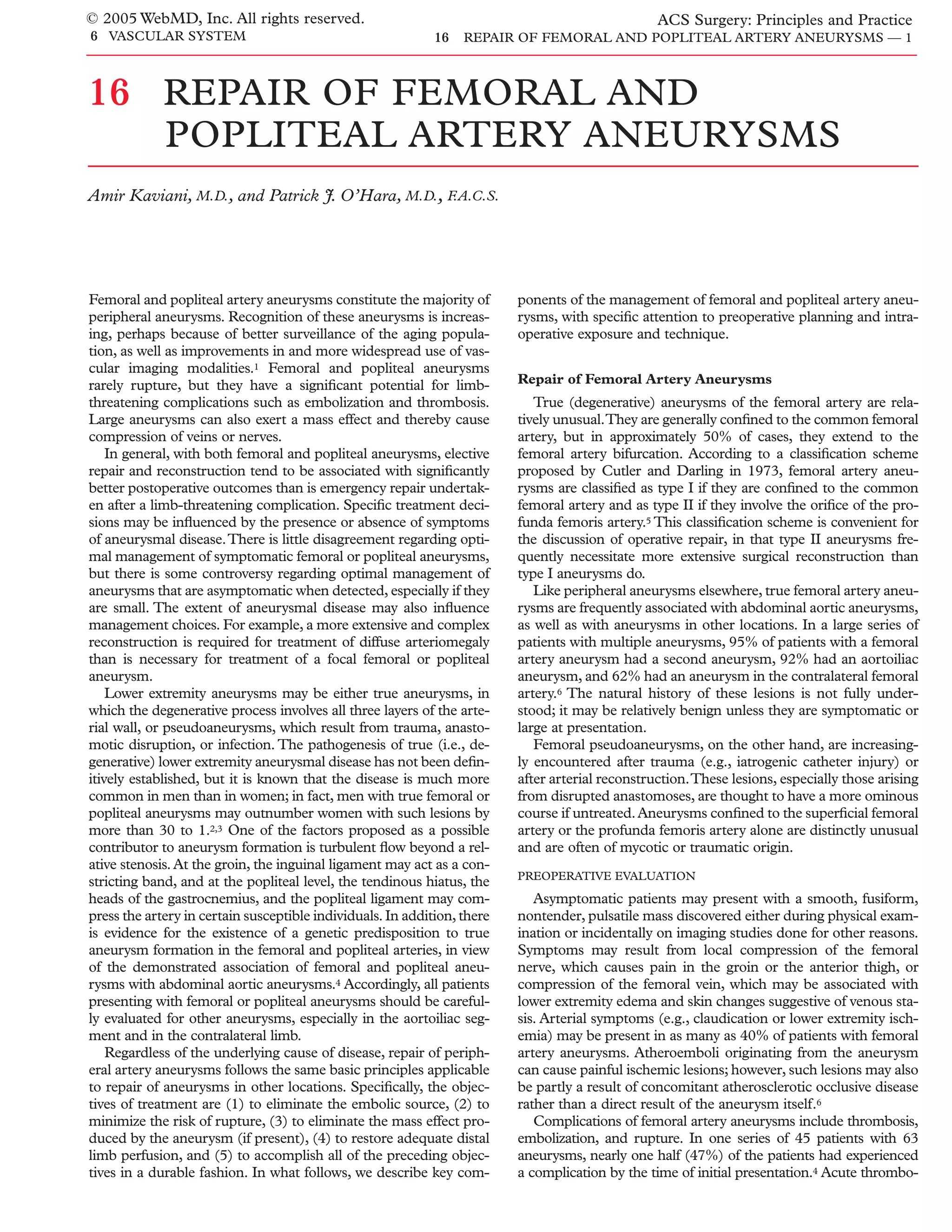 Acs0616 Repair Of Femoral And Popliteal Artery Aneurysms | PDF