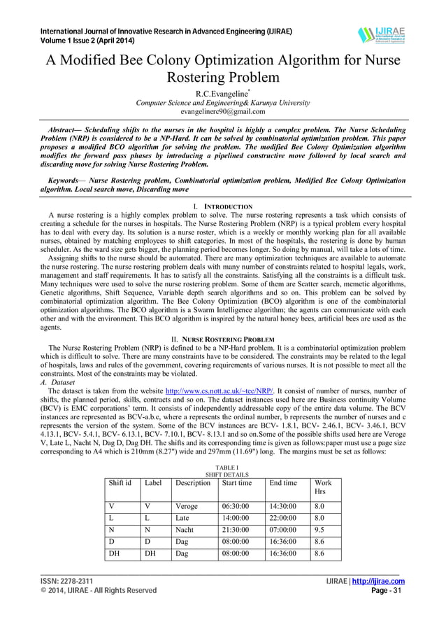A Modified Bee Colony Optimization Algorithm for Nurse Rostering Problem | PDF | Beekeeping ...