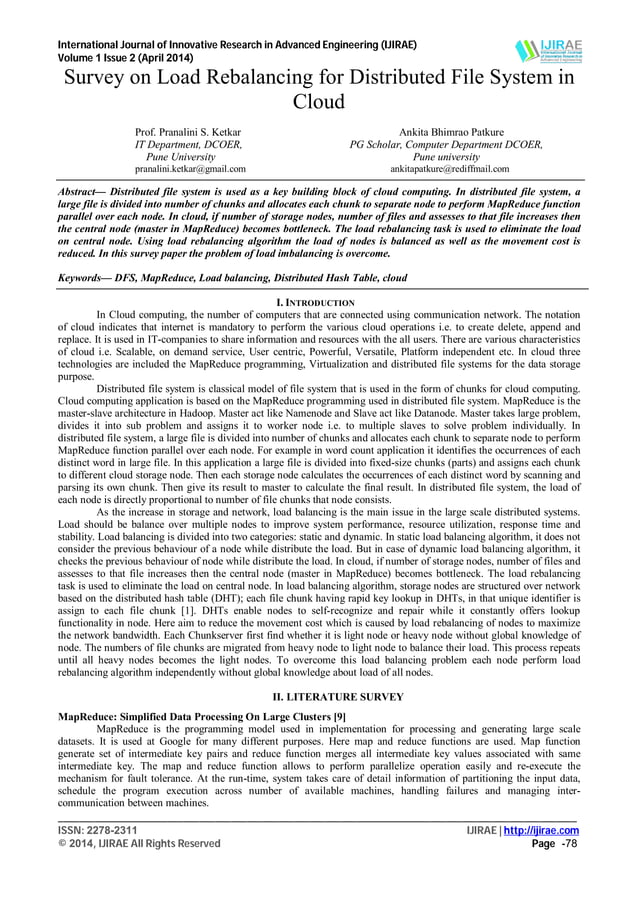 Survey on Load Rebalancing for Distributed File System in Cloud | PDF
