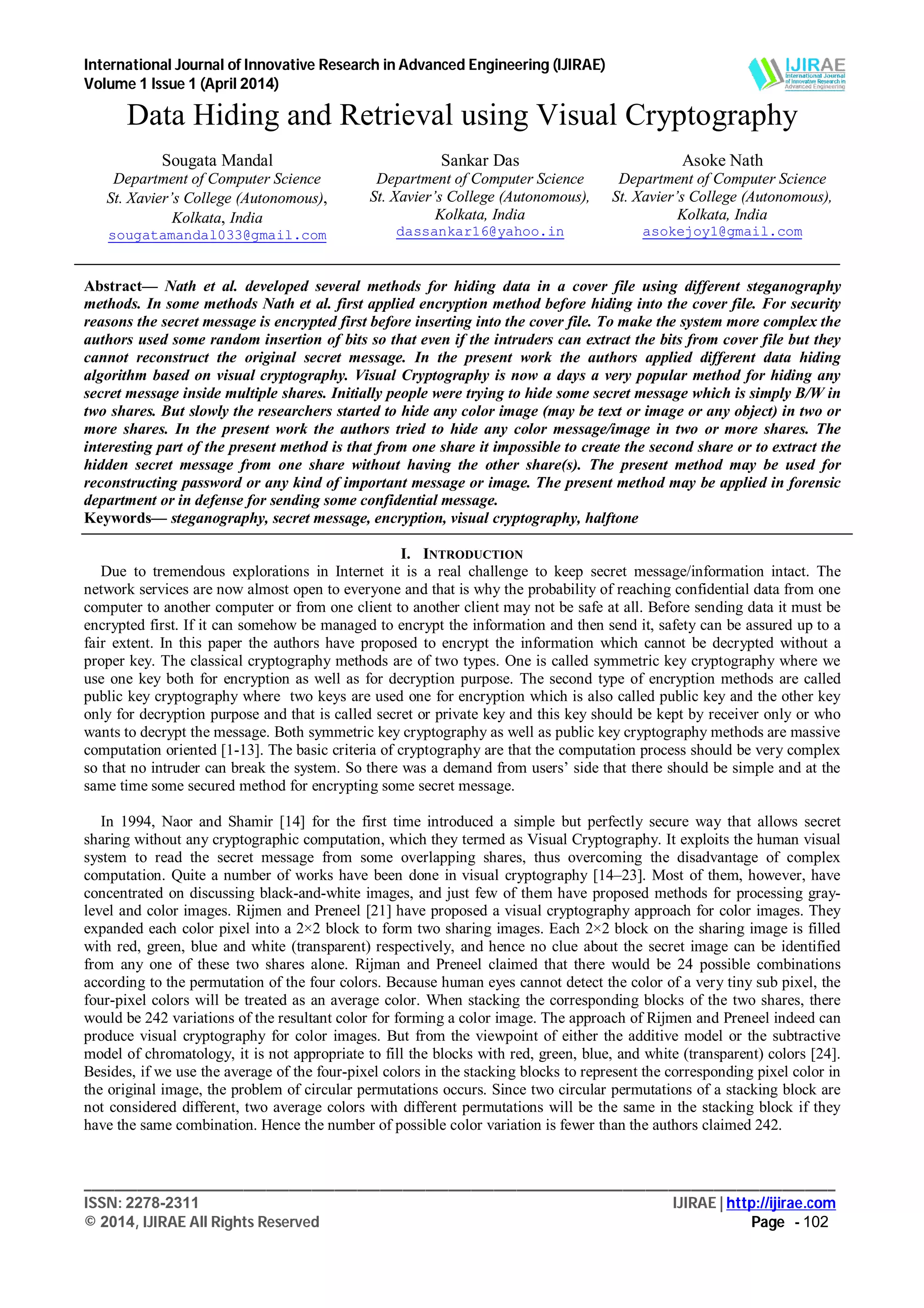 Data Hiding and Retrieval using Visual Cryptography | PDF