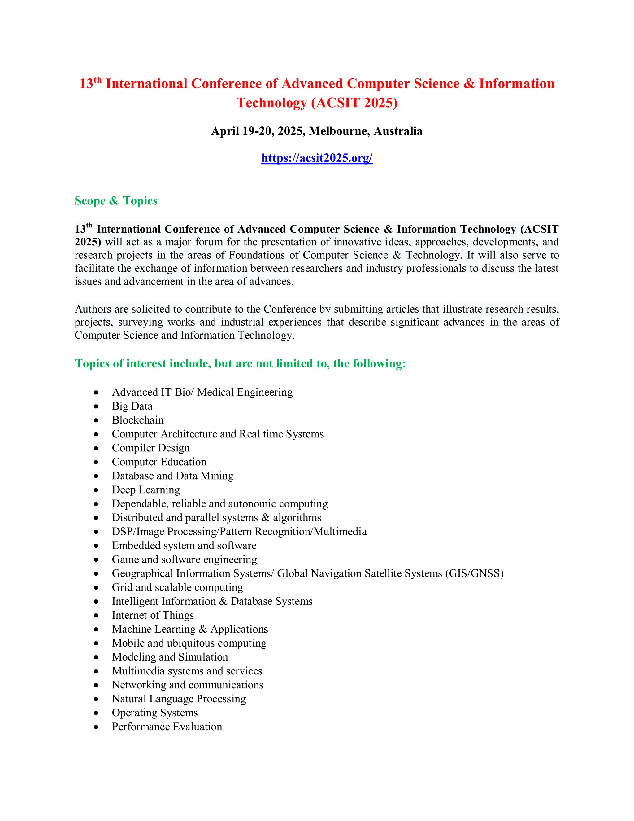 Call for Papers - 13th International Conference of Advanced Computer Science & Information ...
