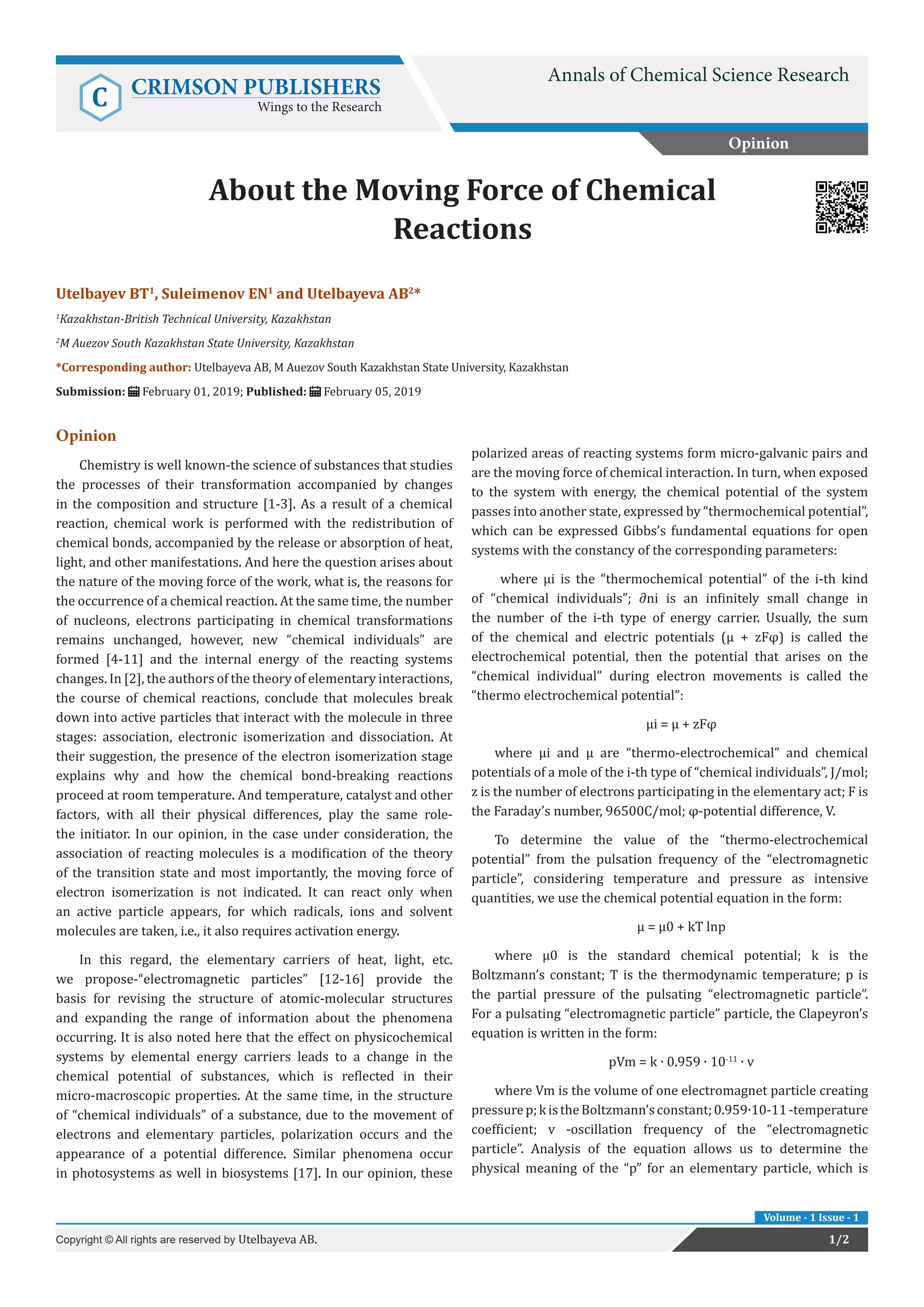 About the Moving Force of Chemical Reactions_Crimson Publishers | PDF