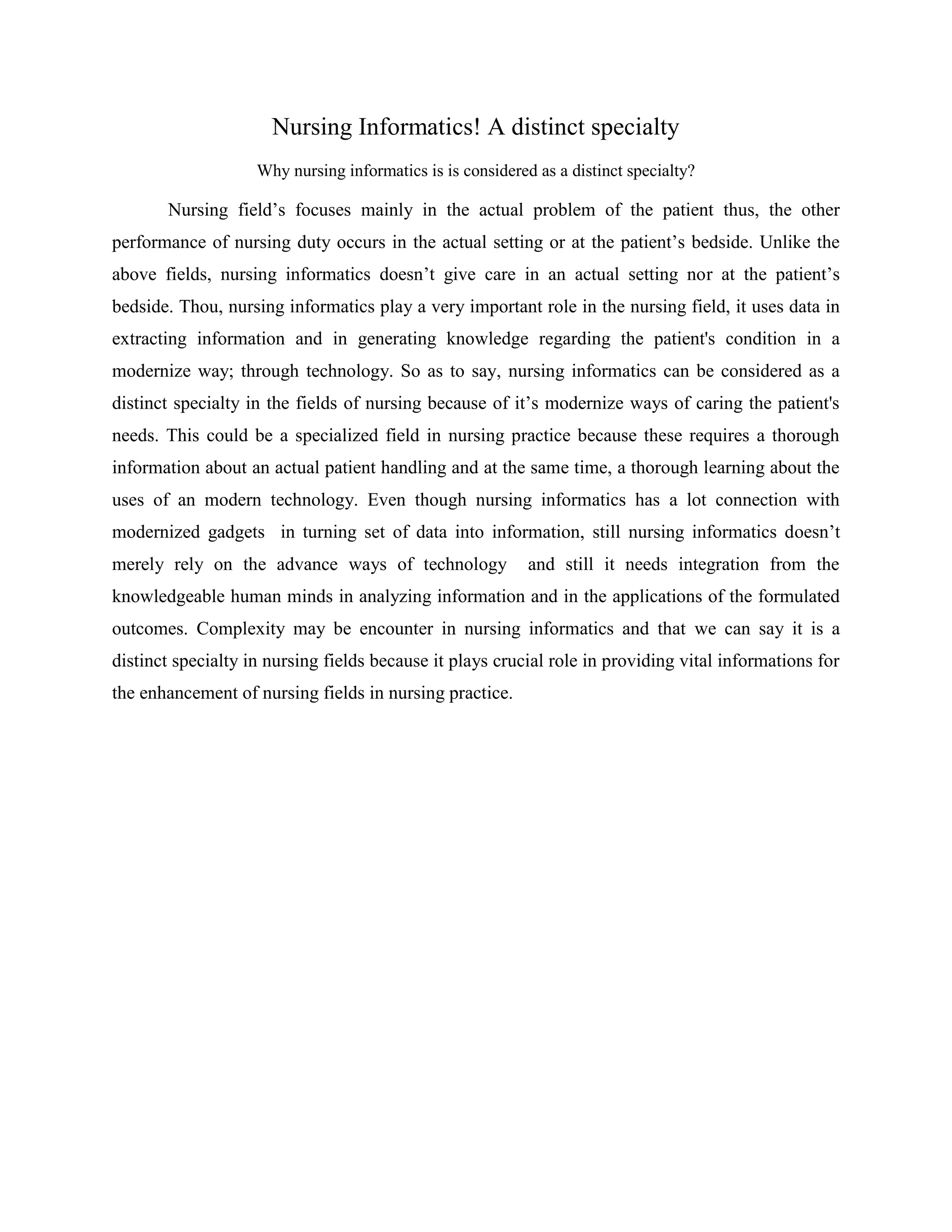 Nursing Informatics; a distinct specialty | DOCX