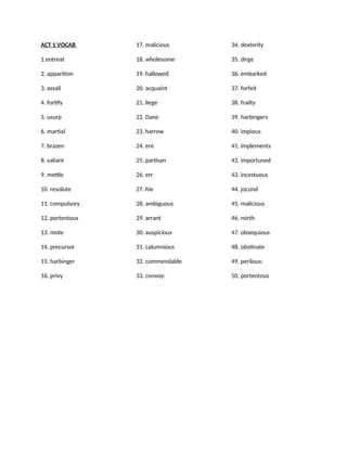 ACT 1 vocabulary fifty terms for the act 1 | DOCX