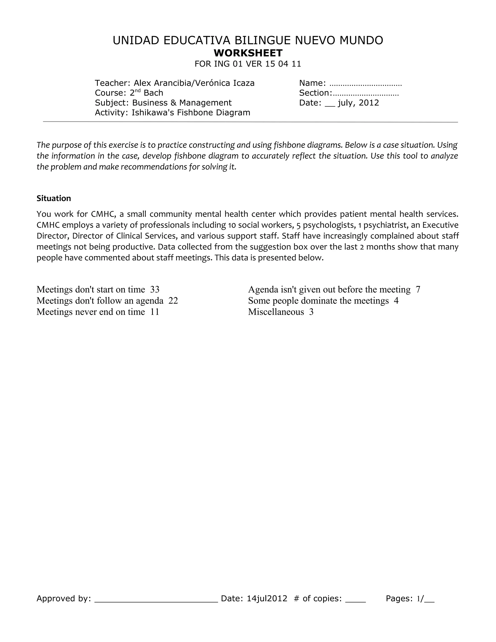 Fishbone Diagram (Ishikawa model) Worksheet | DOC | Medical Health
