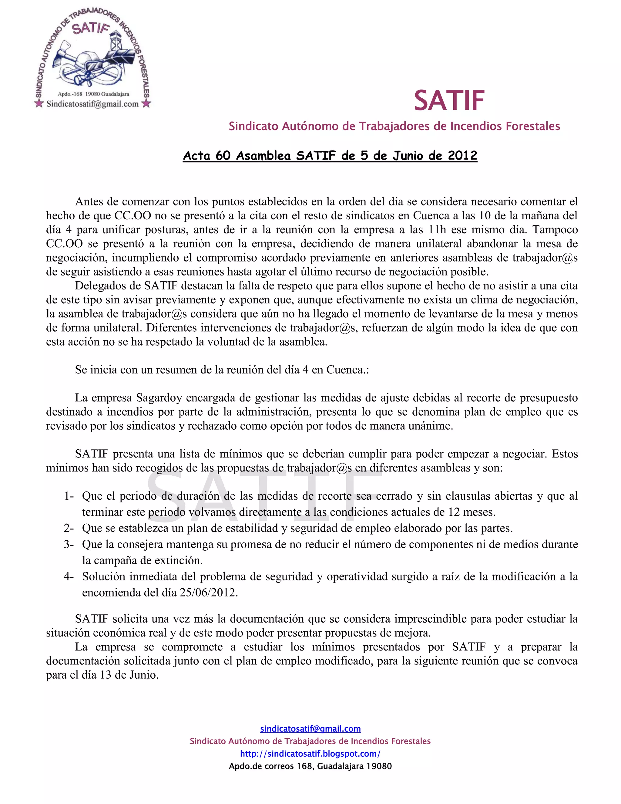 Acta 60 asamblea satif de 5 de junio | PDF