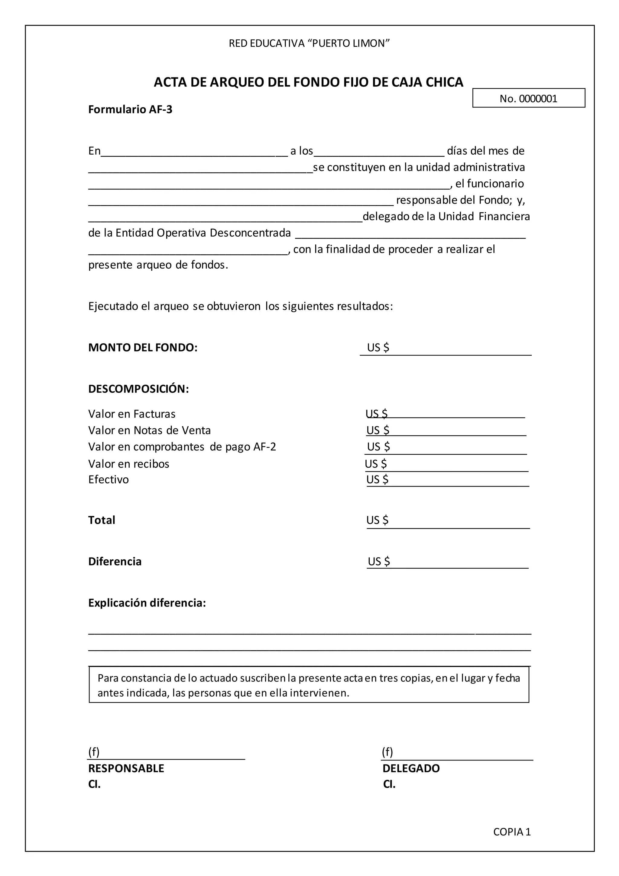 Acta de arqueo del fondo fijo de caja chica | DOCX