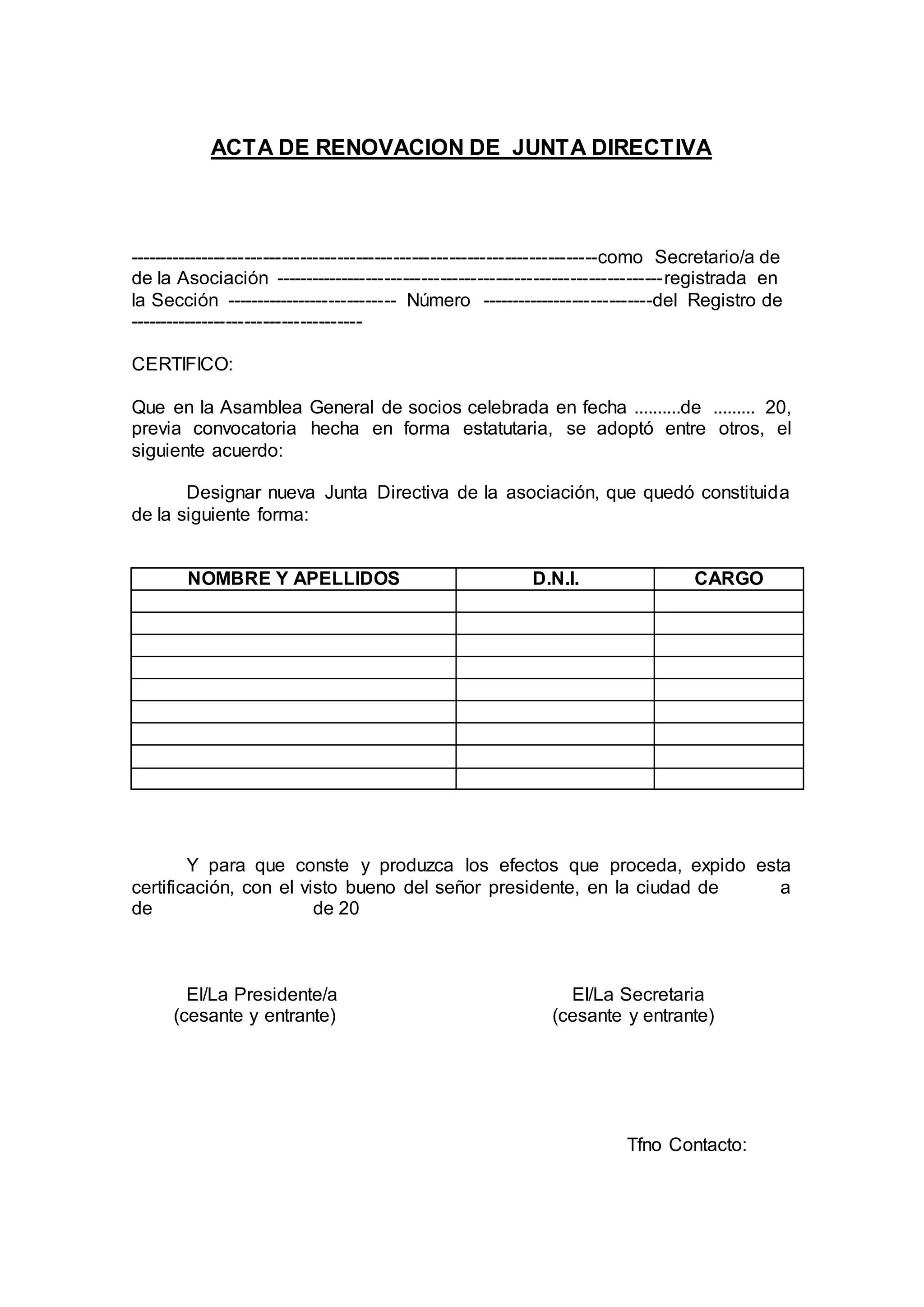 Acta de renovacion de junta directiva | DOCX