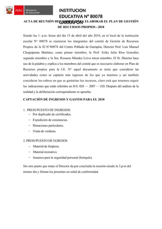 ACTA DE REUNIÓN DEL COMTÉ PARA ELABORAR EL PLAN DE GESTIÓN DE RECURSOS ...