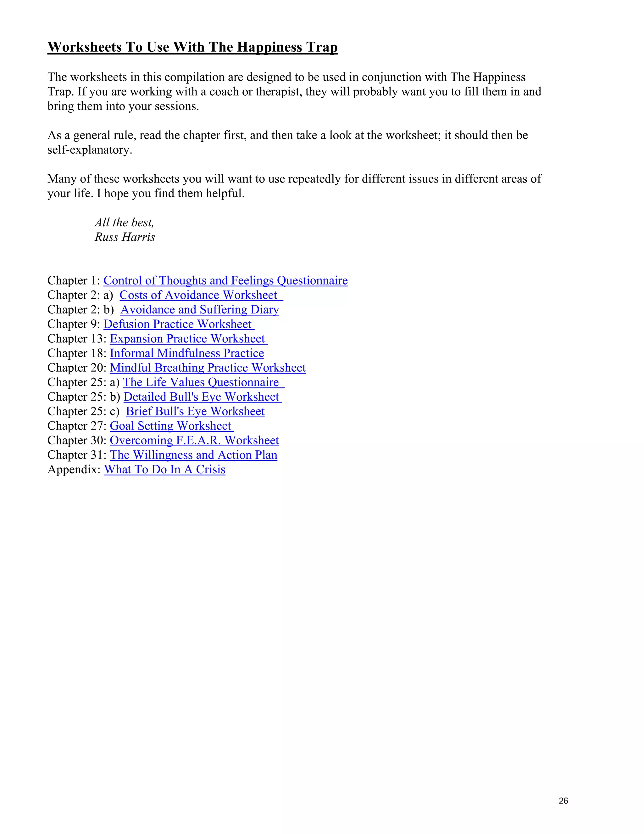 Complete Set of Client Handouts and Worksheets from ACT books | PDF