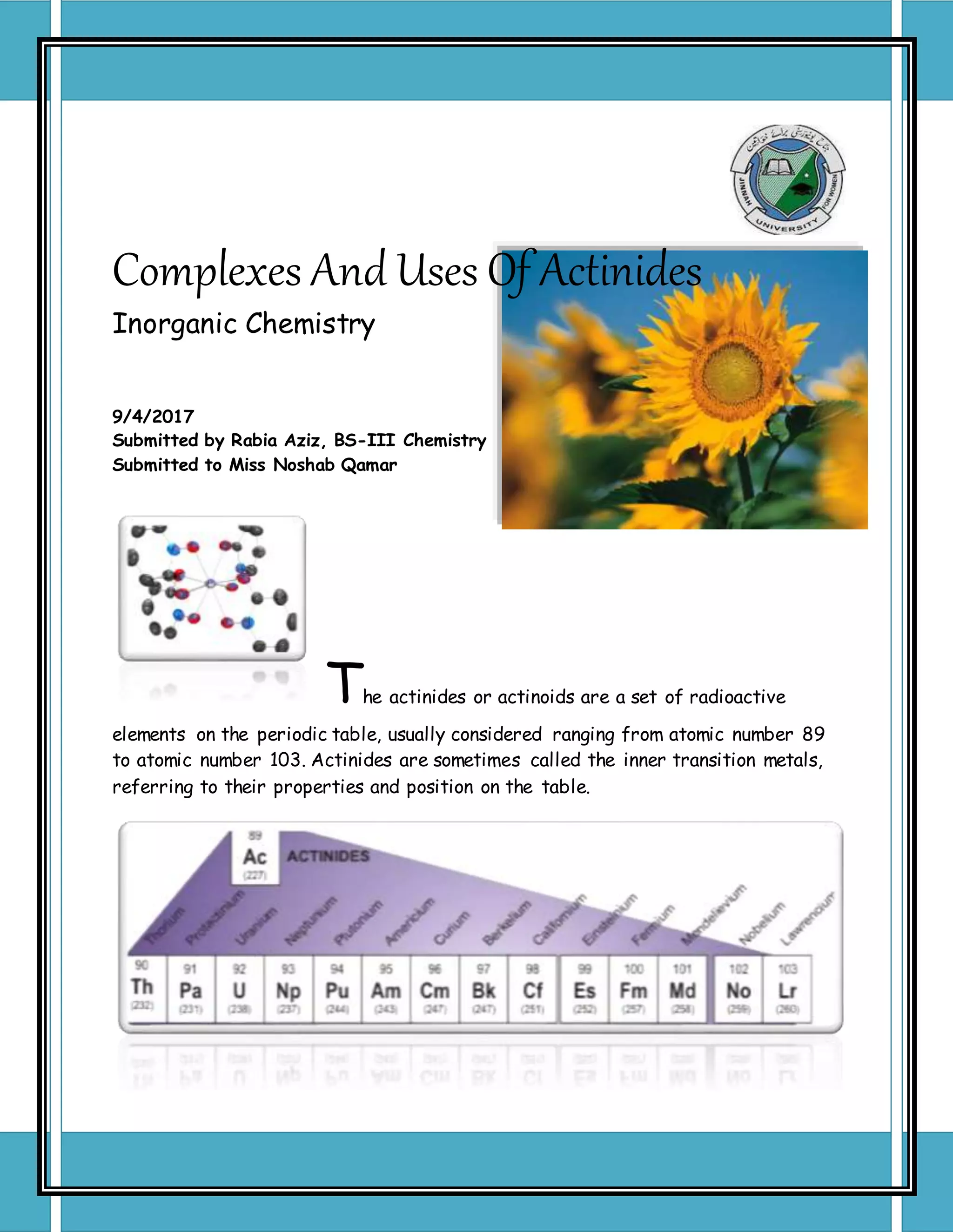Actinides Complexes And Uses Inorganic Chemistry Assignment Pdf