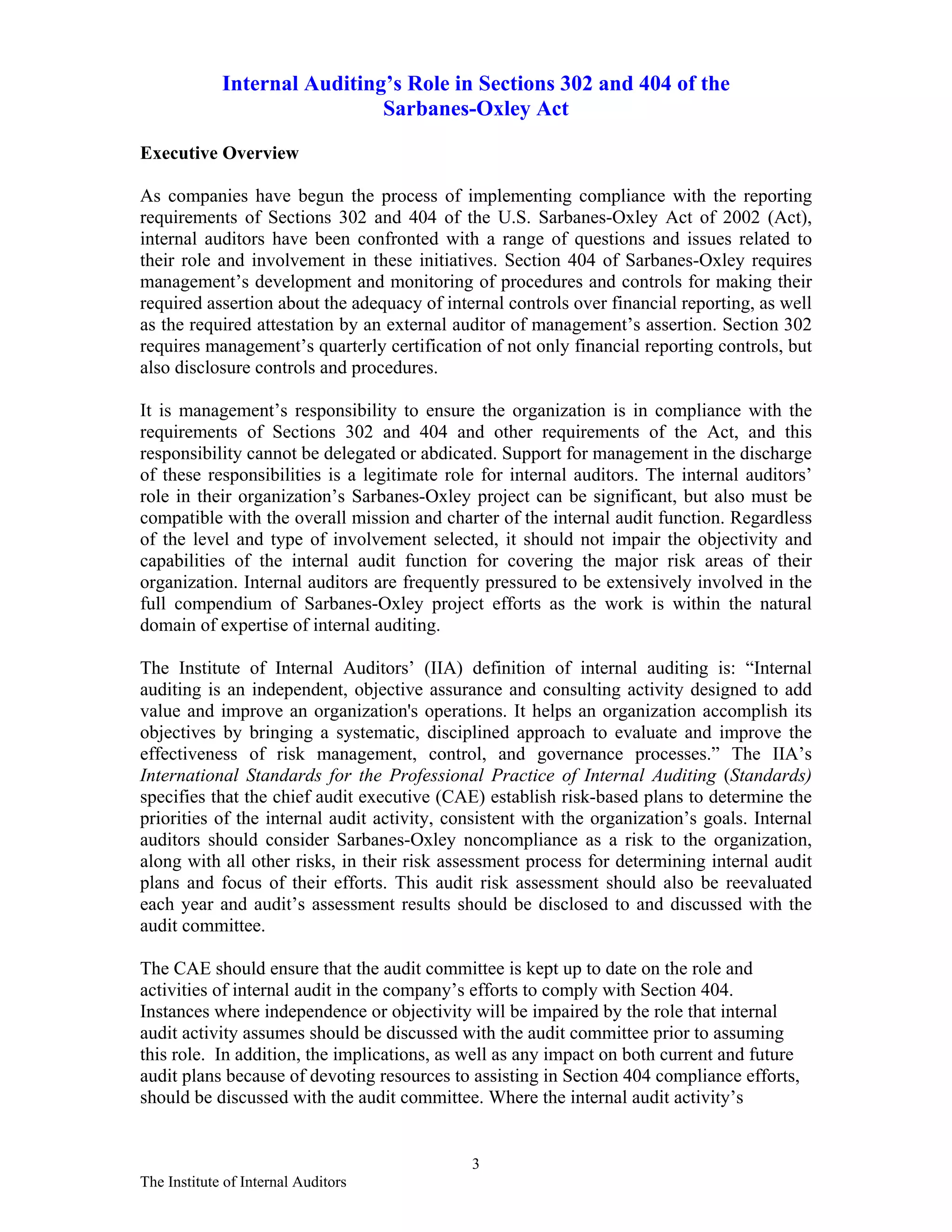 INTERNAL AUDITING’S ROLE IN SOX | PDF