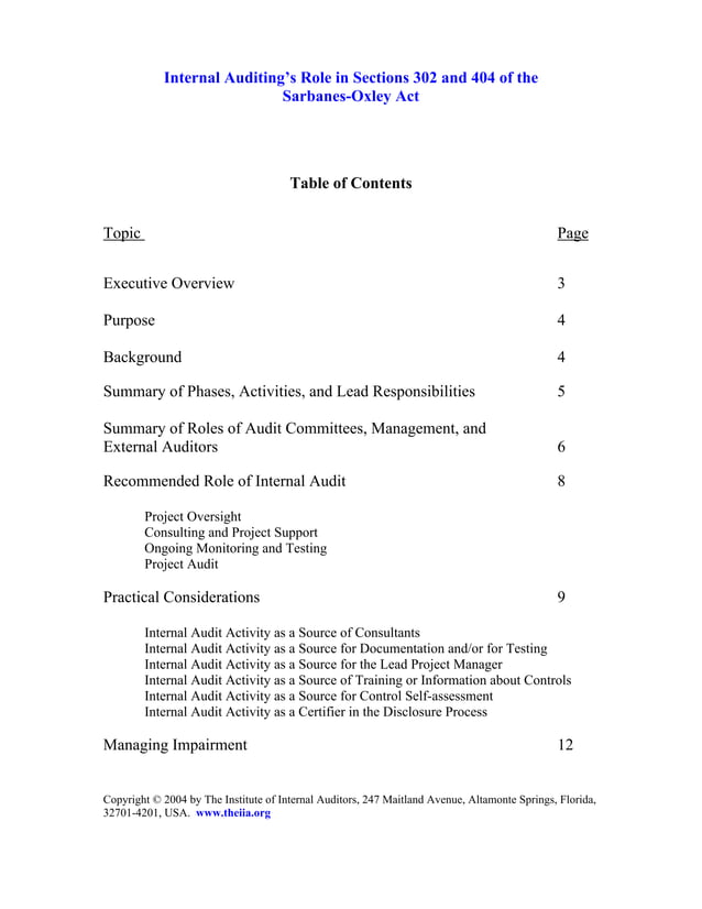 INTERNAL AUDITING’S ROLE IN SOX | PDF