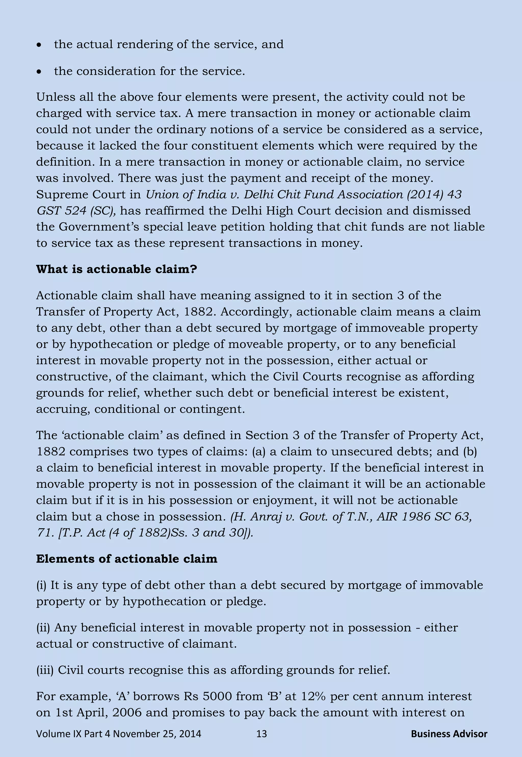 Actionable claims - Whether a ‘service’ - Dr Sanjiv Agarwal | PDF