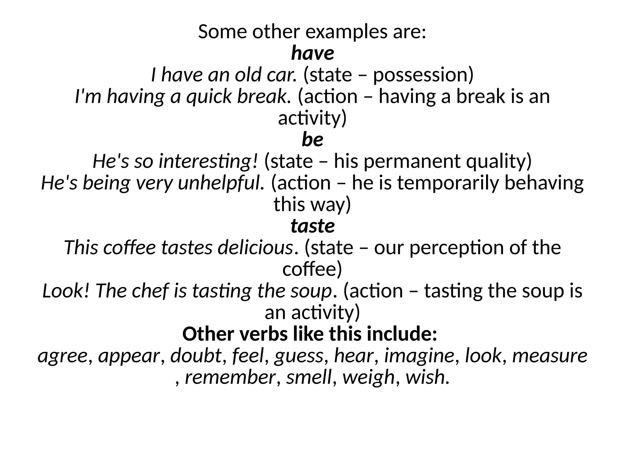 verbos de estados y procesos comparados con verbos dinámicosrados con verbos | PPTX