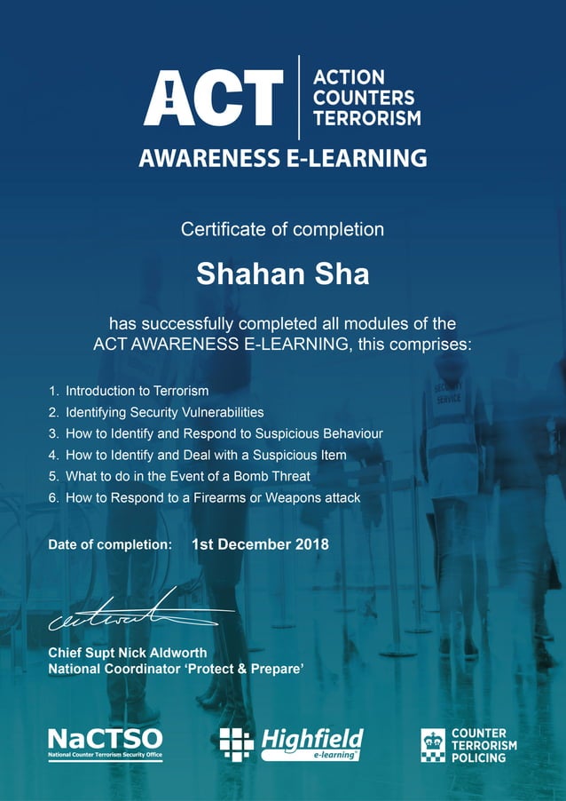 Action Counter Terrorism (ACT) Certificate 01.12.2018