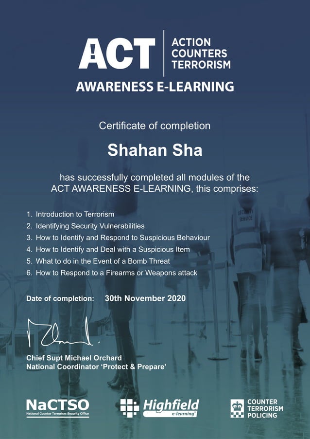 Action Counter Terrorism (ACT) Certificate 30.11.2020
