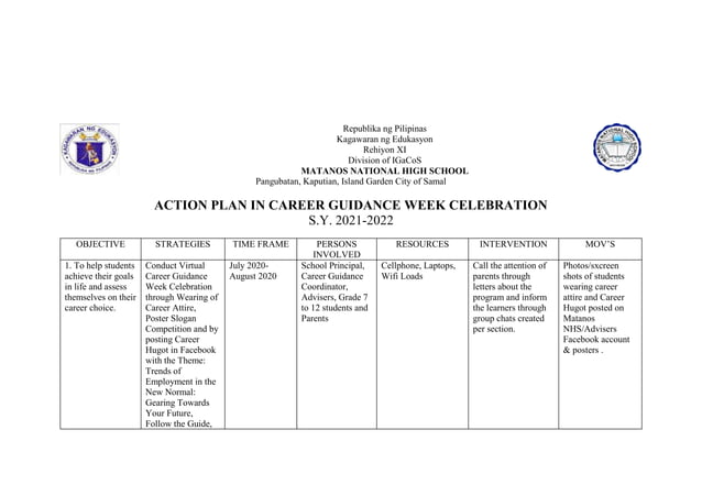 action plan in career guidance 23-24.docx | Secondary Education | Education