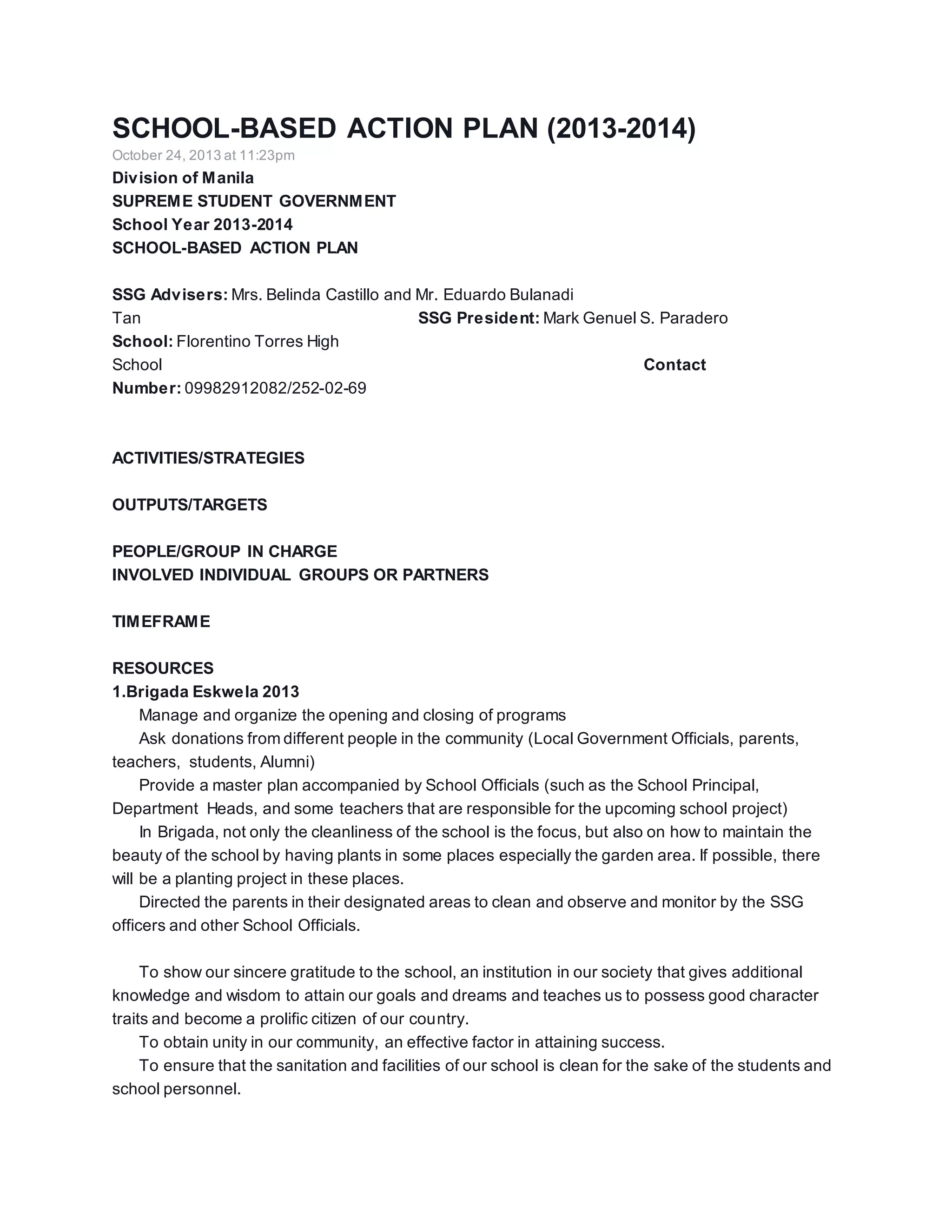 Action plan of ssg 2014 2015 | DOCX | Professional School | Postgraduate Education