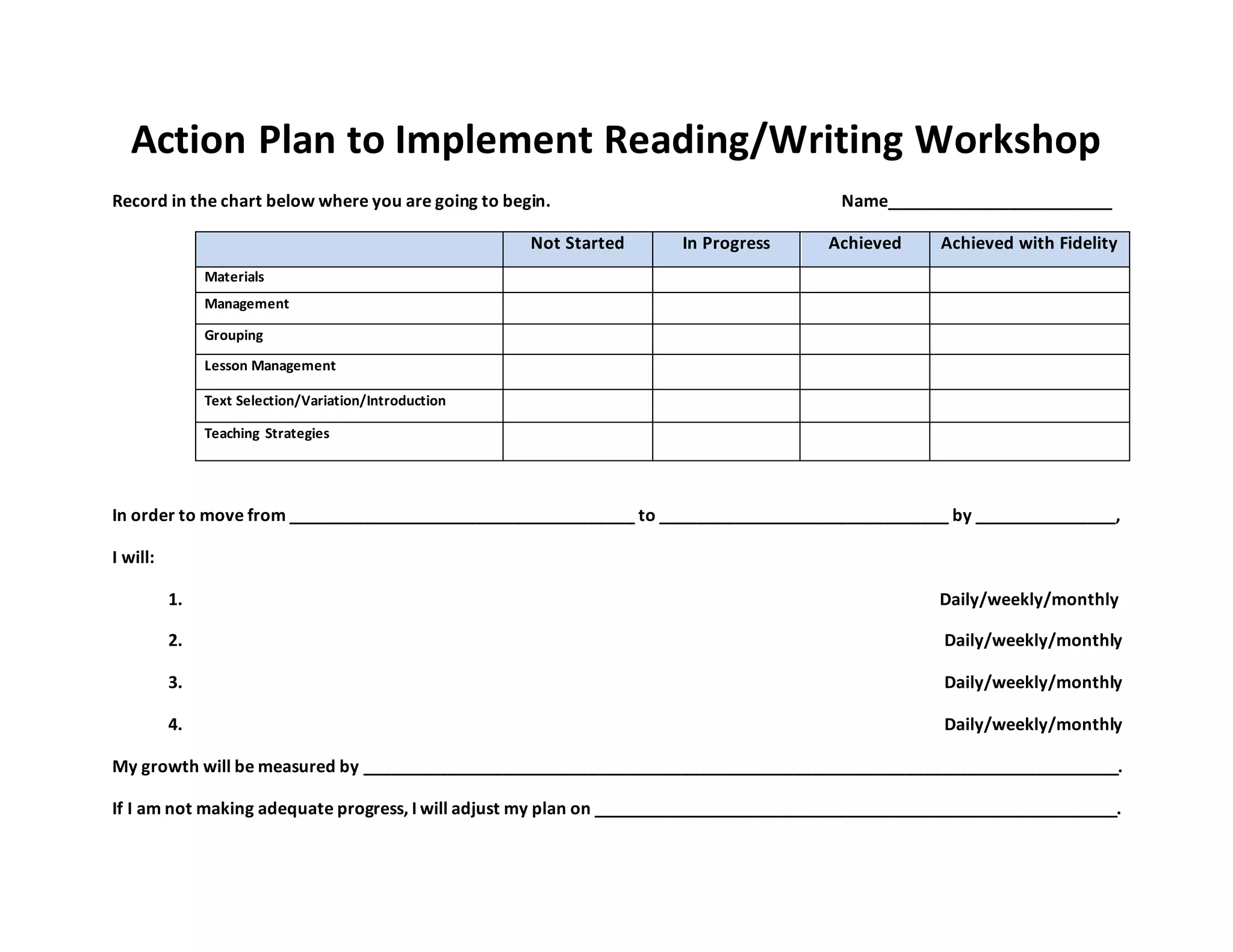 Action plan to implement reading writing workshop | PPT