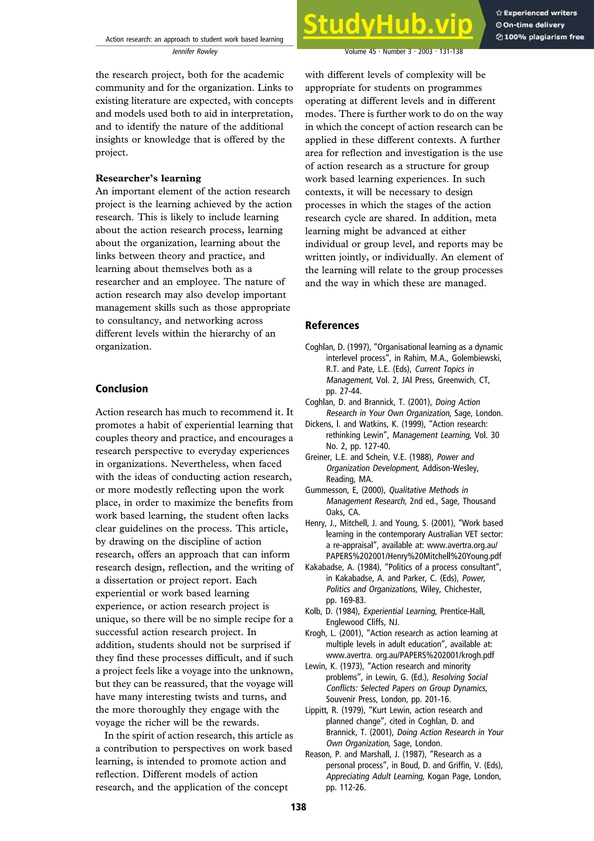 Action Research An Approach To Student Work Based Learning | PDF | Professional School ...